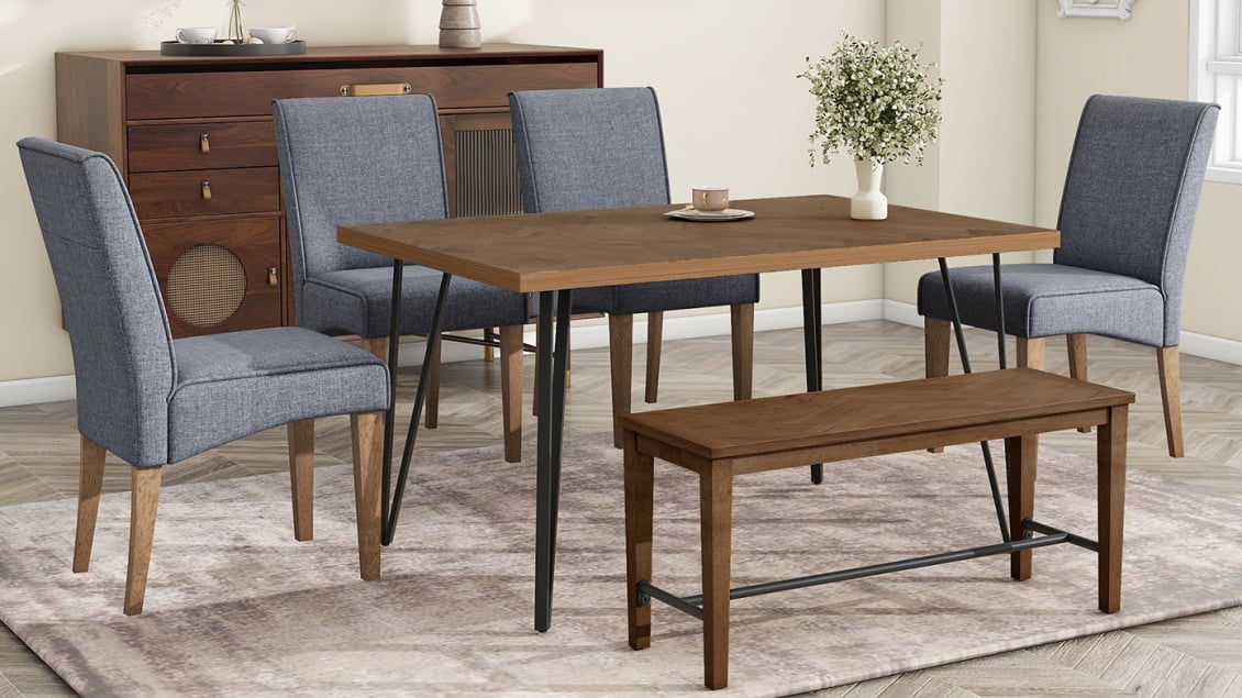 6-Piece Dining Table Set with Bench and 4 Upholstered Chairs, Wood ...