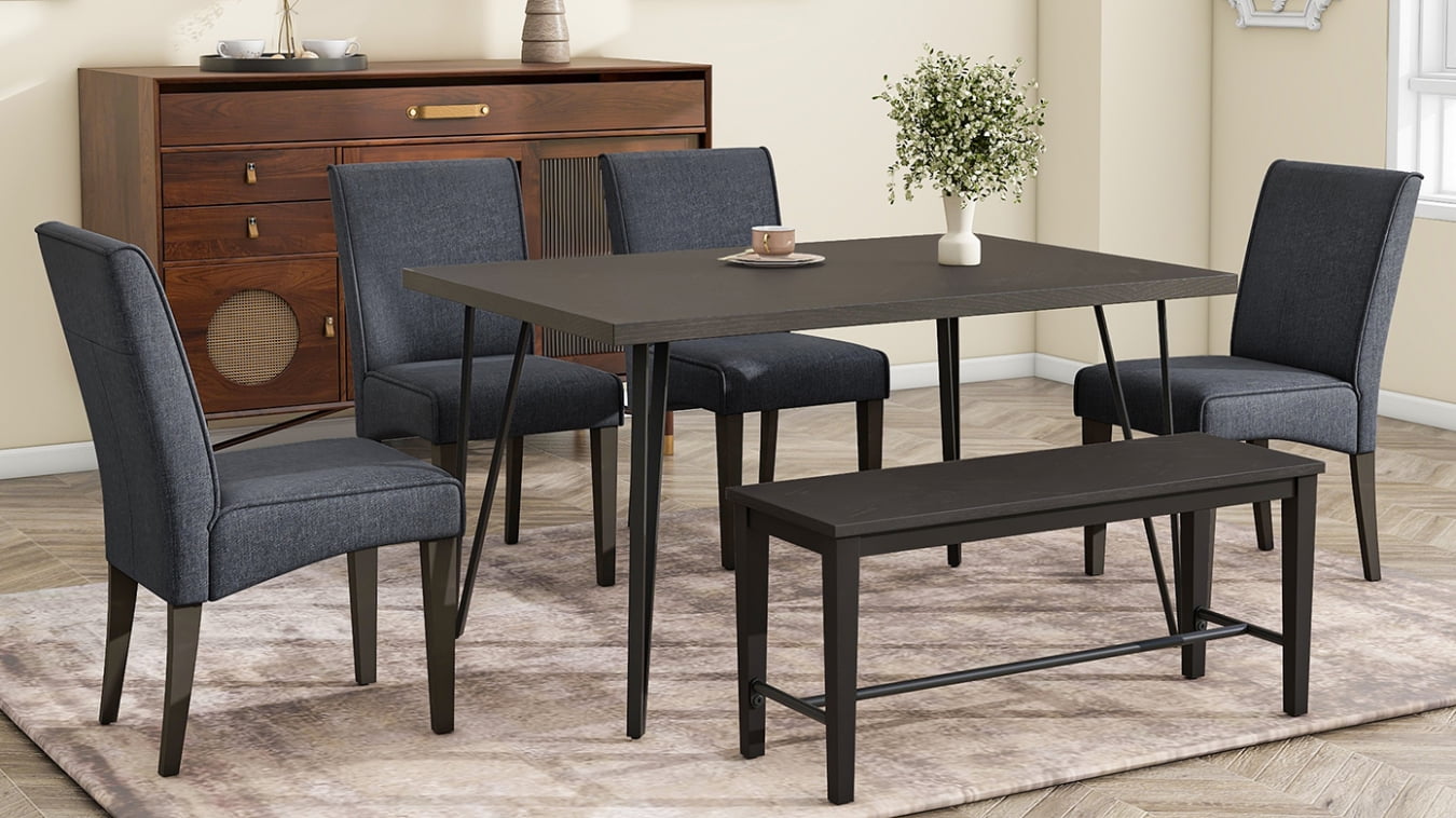 6-Piece Dining Table Set with Bench and 4 Upholstered Chairs, Wood ...