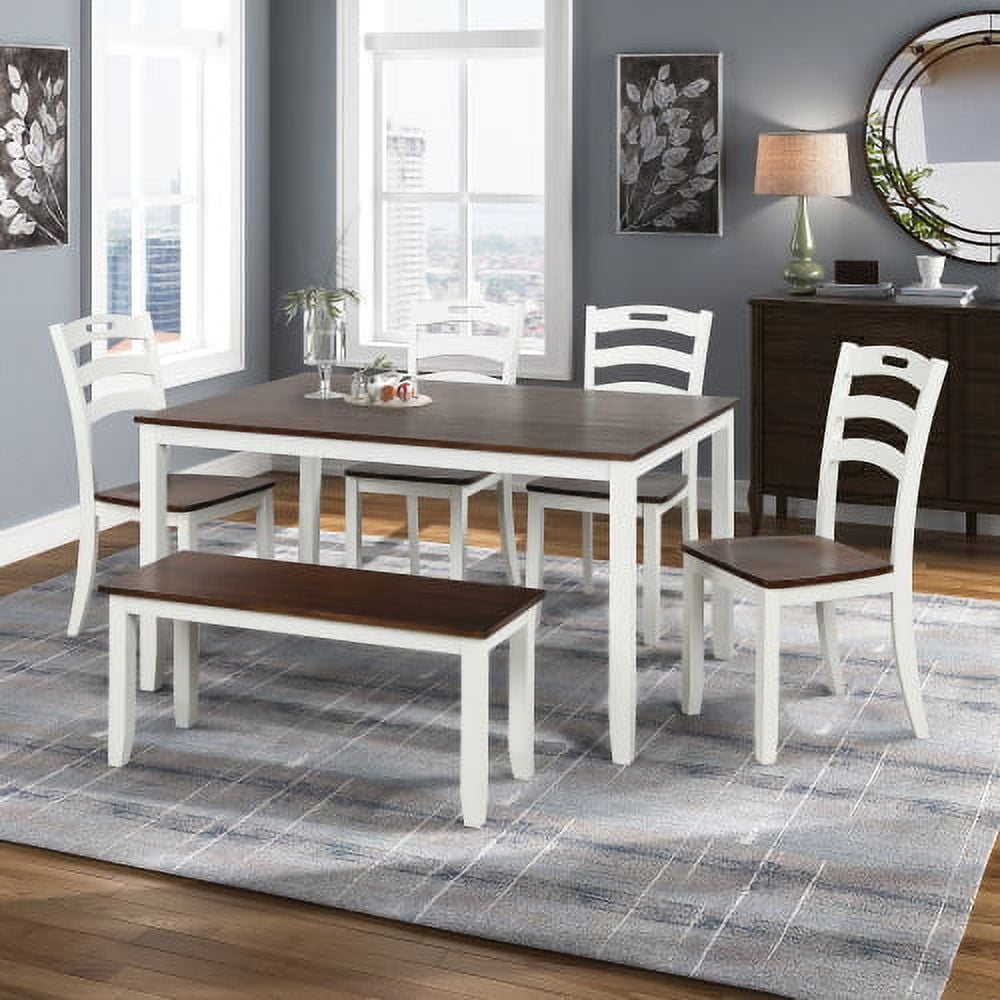 6 Piece Dining Table Set with Bench, Wooden Table Set with Waterproof ...