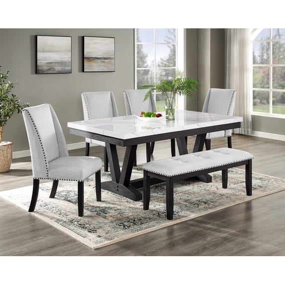 6-Piece Dining Table Set, Marble Rectangular Table Top Upholstery ...