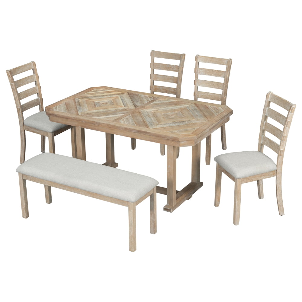 6 Piece Dining Table Set, Rectangular Rubber Wood Dining Table with 4 ...
