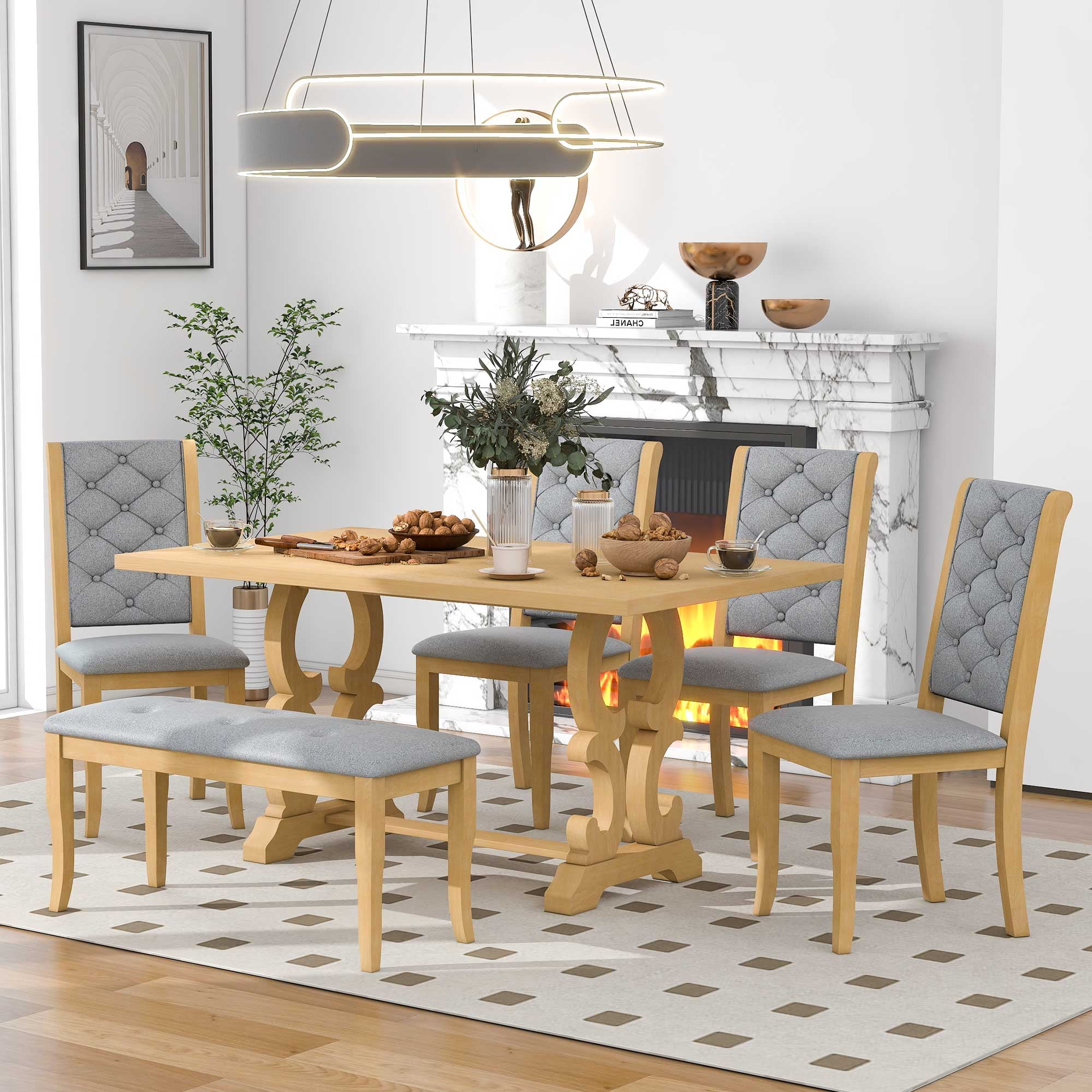 Retro 6-Piece Dining Table Set, Unique Table Legs, 4 Upholstered Chairs ...
