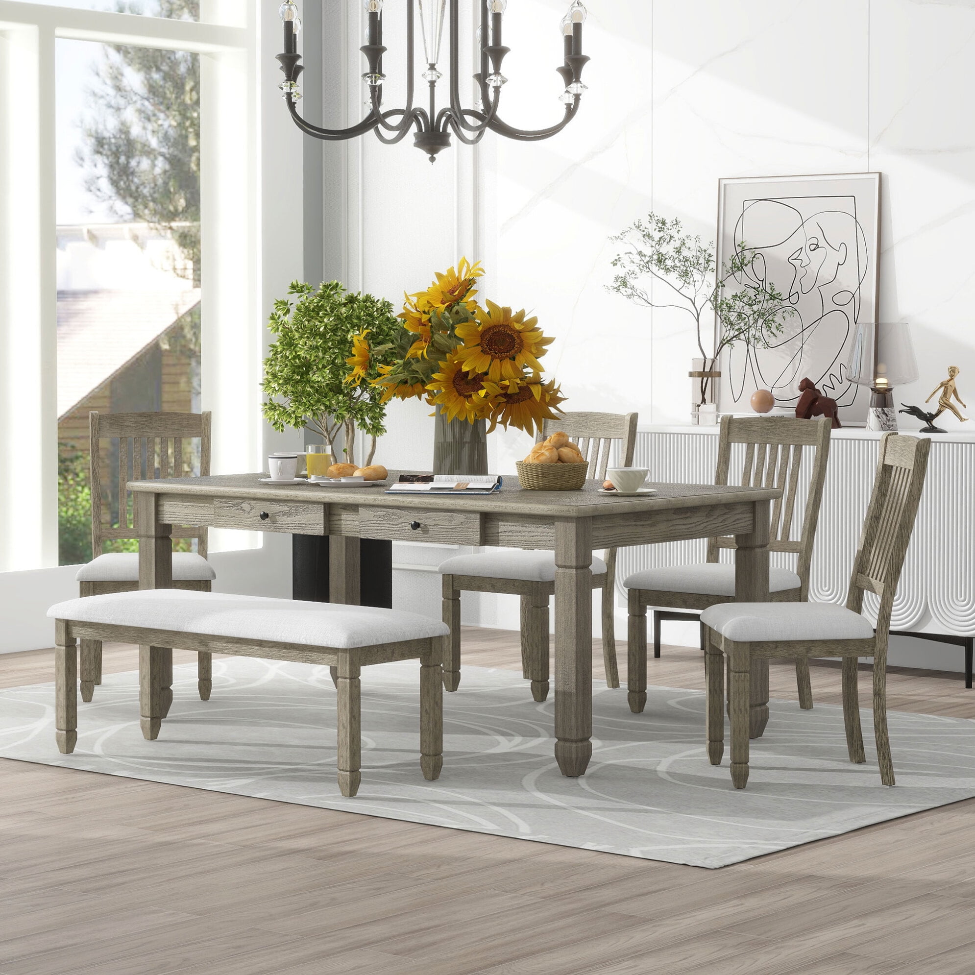 6-Piece Dining Table Set,Retro 72'L Rectangular Dining Table with 4 ...
