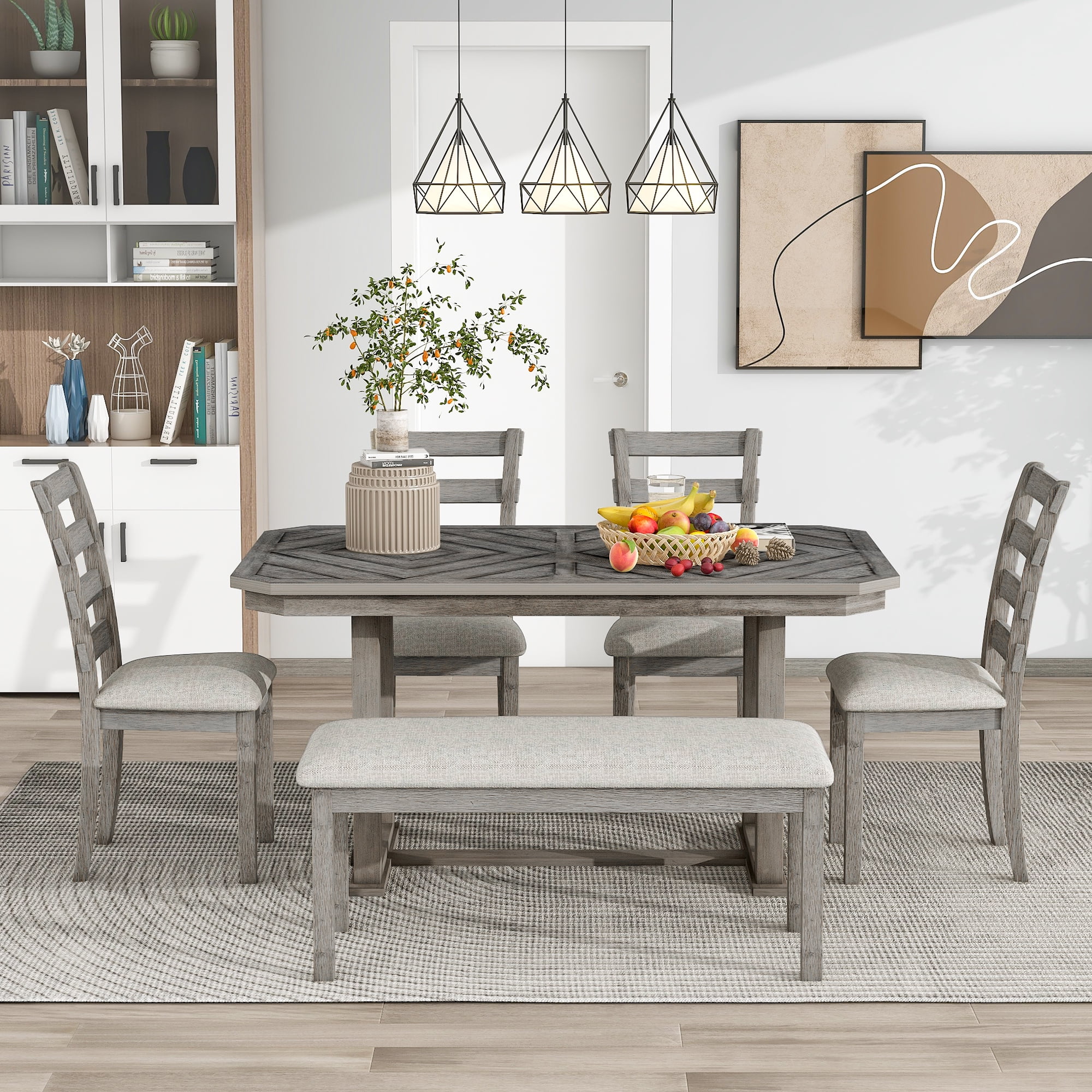 6 Piece Dining Table Set, Dining Room Set with Bench and 4 Cushioned ...
