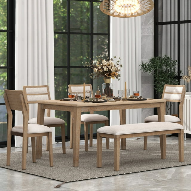 6 Piece Dining Table Set, Wood Kitchen Table with 4 Upholstered Chairs ...
