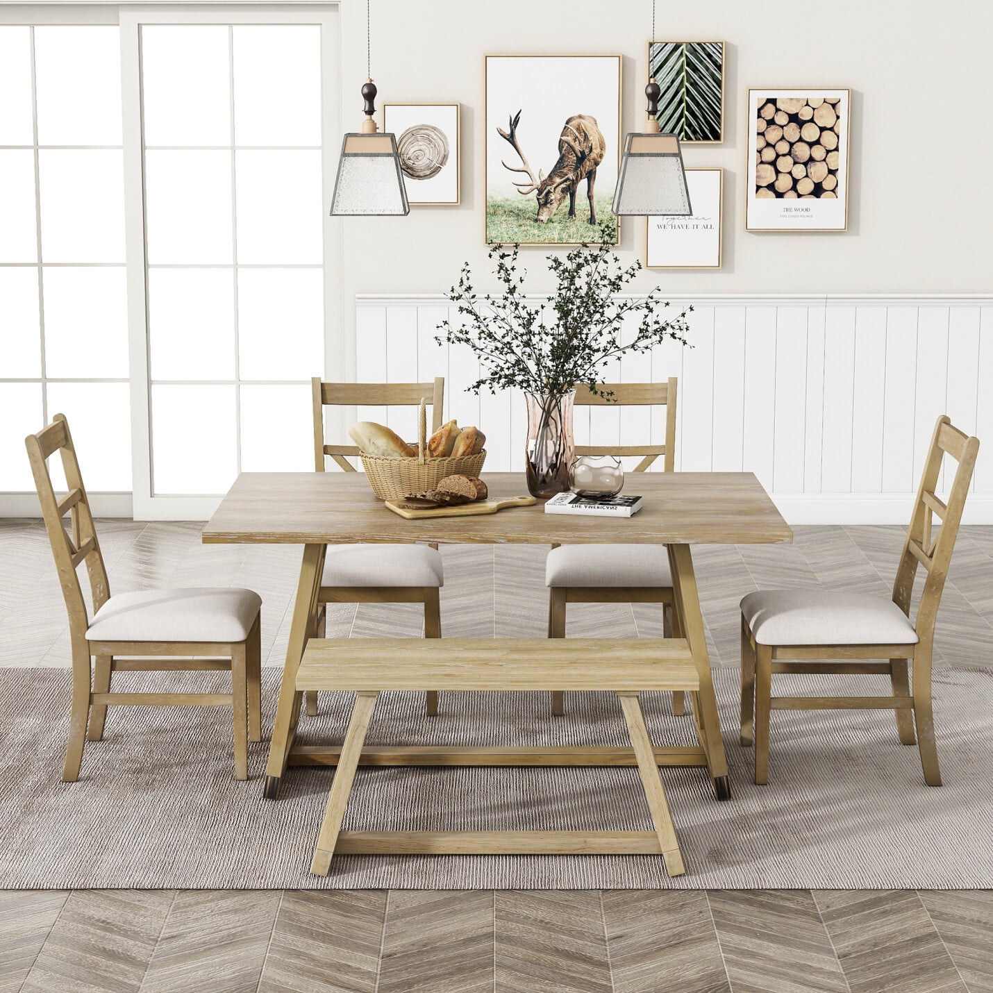 6-Piece Dining Table Set include 1 Table 1 Bench and 4 Upholstered ...
