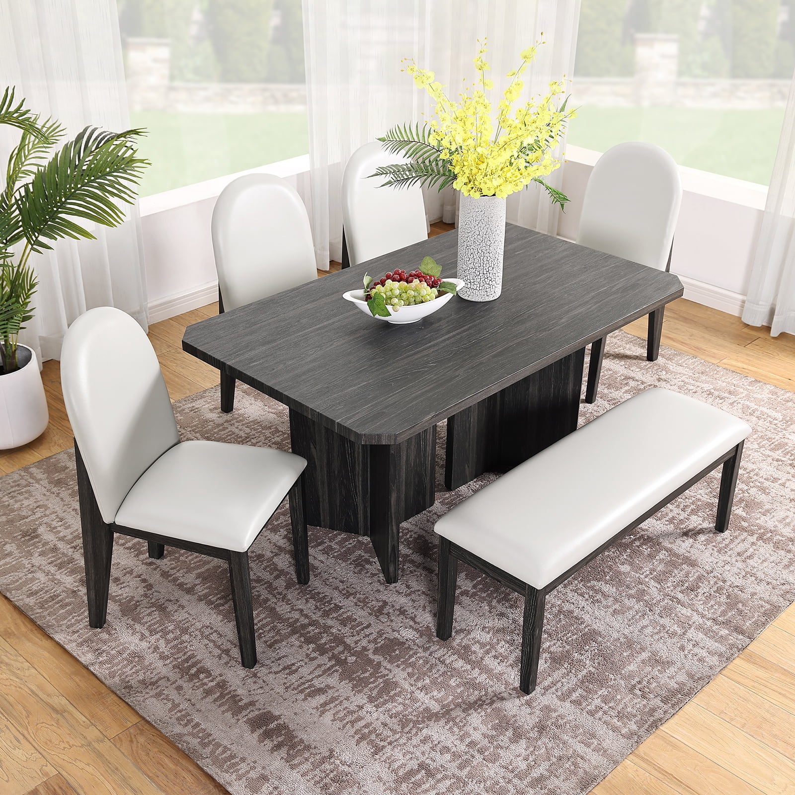 6 Piece Dining Table Set with Bench, Rectangle Dining Table with 4 ...