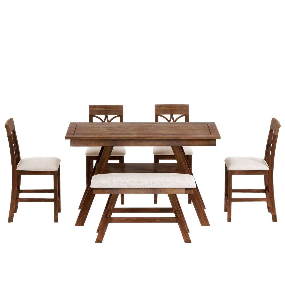 6 Piece Dining Table Set with Storage Shelf, Rustic Counter Height ...