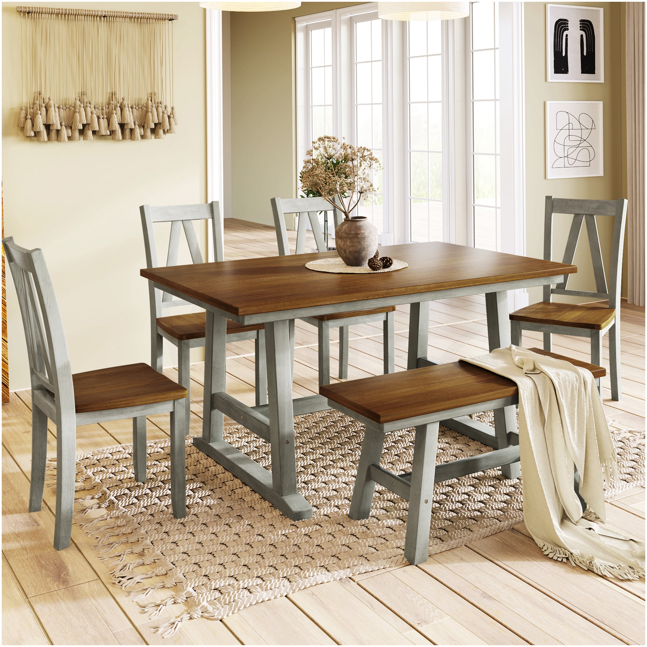 6-Piece Farmhouse Dining Set with Table, 4 Chairs, and Bench, Solid ...