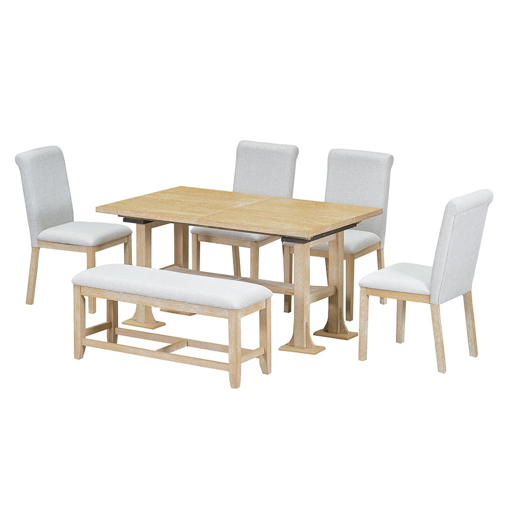 6-Piece Farmhouse Dining Table Set, Wood Extendable Kitchen Table With ...