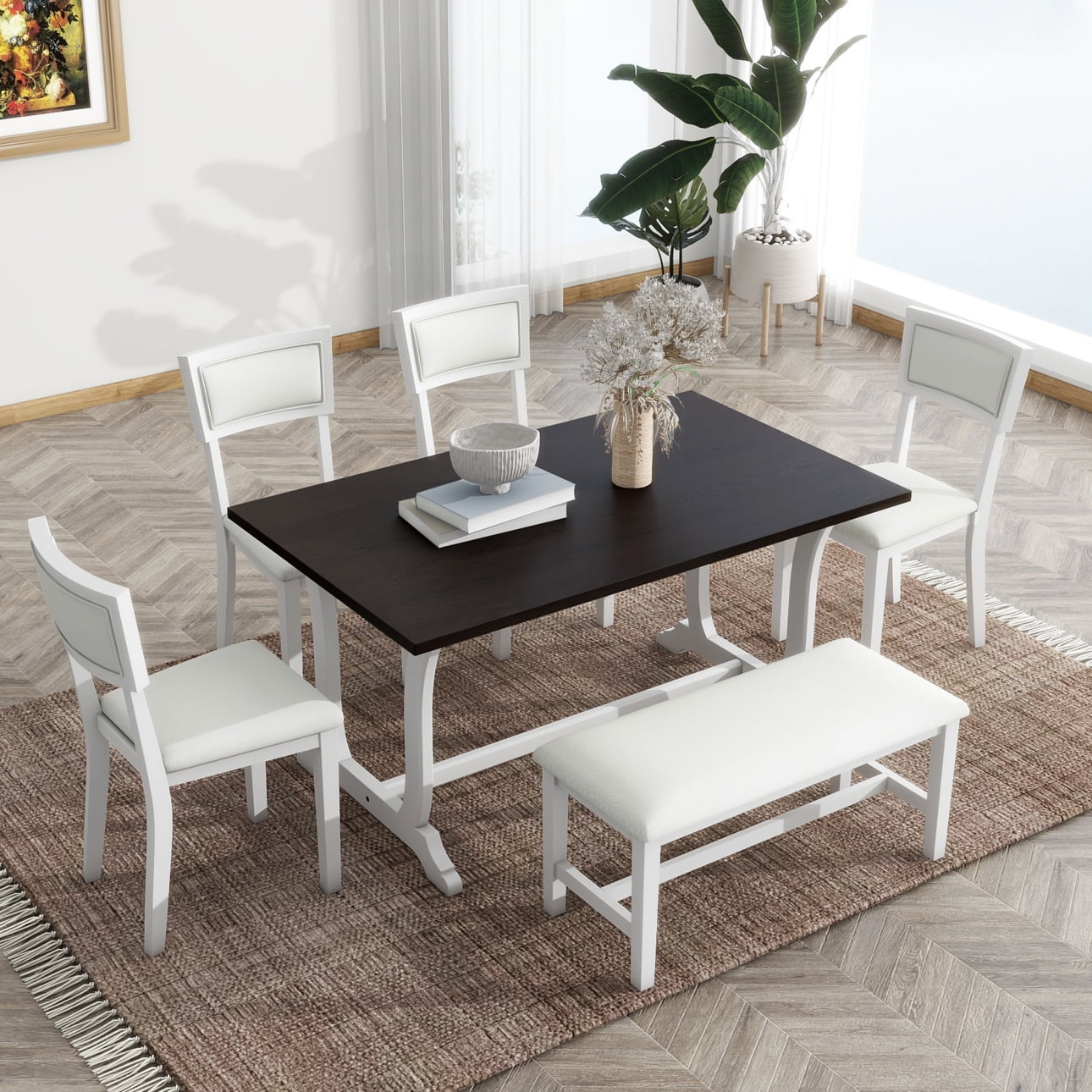 6-Piece Farmhouse Rectangular, 72" Wood Dining Table Set, 4 Upholstered ...