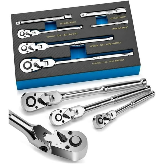 6-Piece Flex Head Ratchet Set - 1/4", 3/8", 1/2" Drive, 72-Tooth Swivel ...
