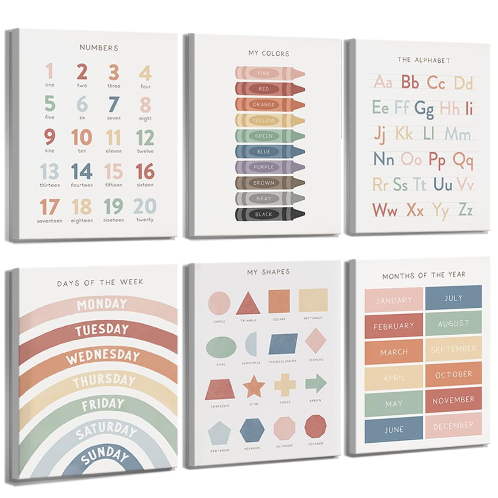 6 Piece Framed Educational Charts for Kids, Alphabet Numbers Colors ...