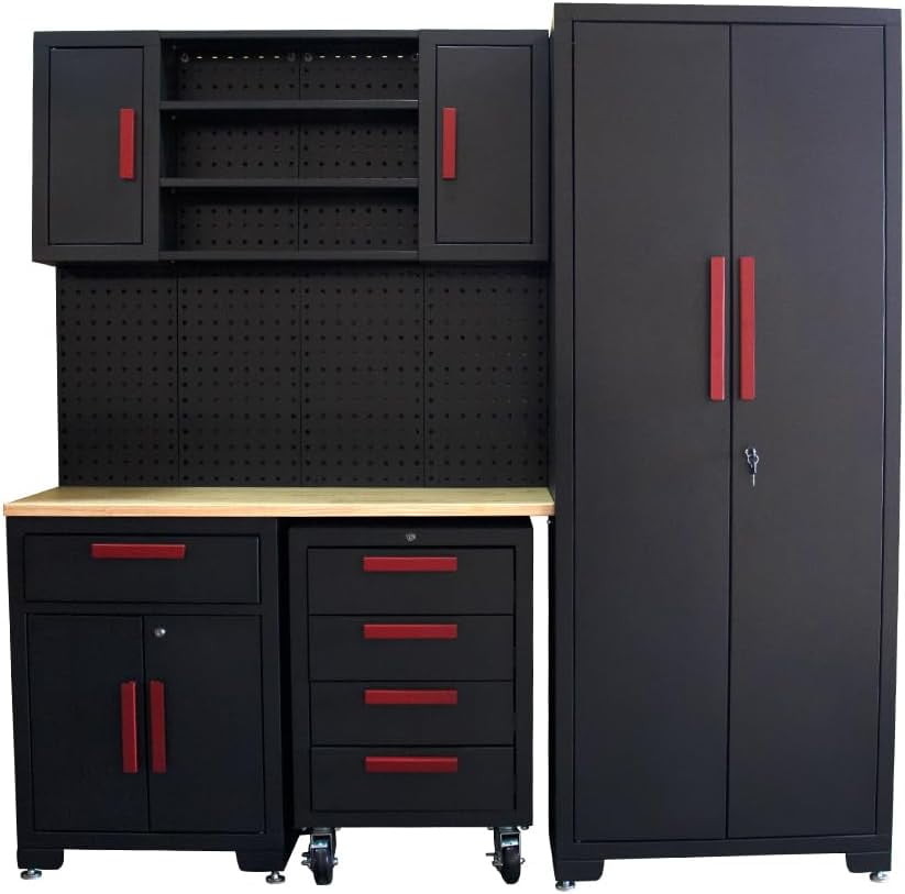 6 Piece Garage Shop Tool Storage Cabinet Set With Pegboard And Wooden Work Top 24 Gauge Steel