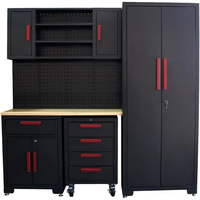 6-Piece Garage Shop Tool Storage Cabinet Set with Pegboard and Wooden ...