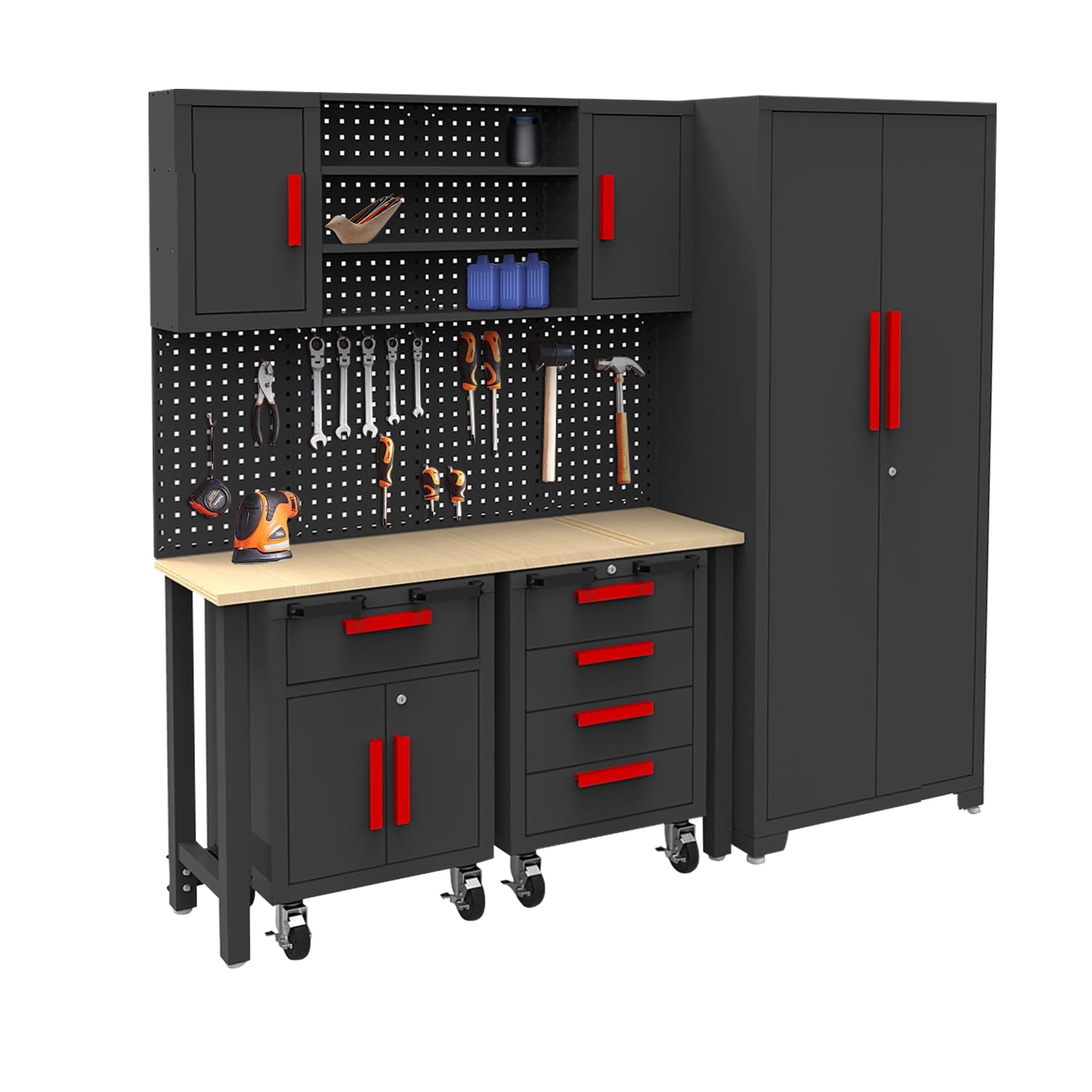 6-Piece Garage Shop Tool Storage Cabinet Set with Pegboard and Wooden ...