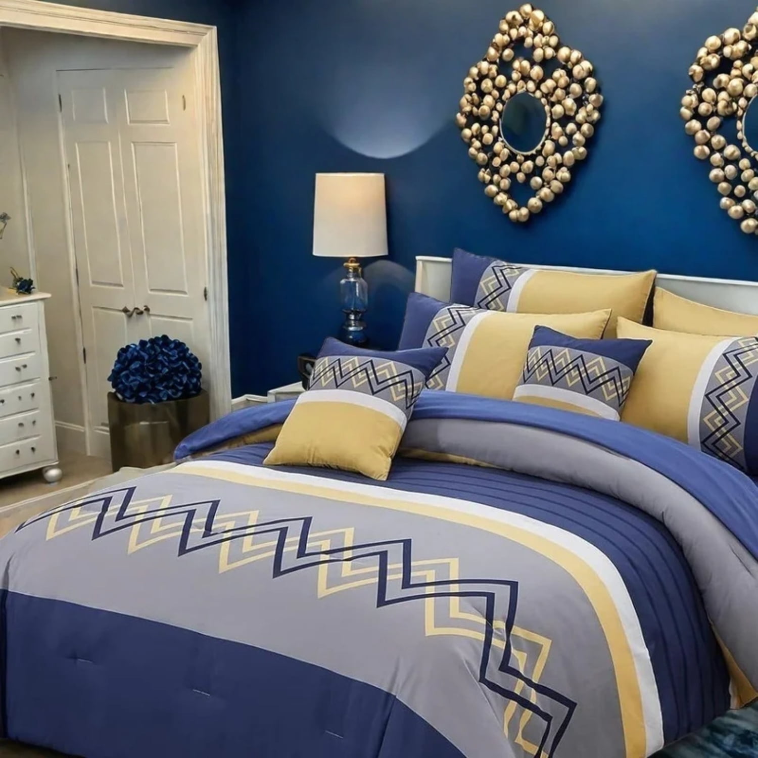 Davulos 6-Piece Blue Geometric Queen Comforter Set, Bedding Set with ...