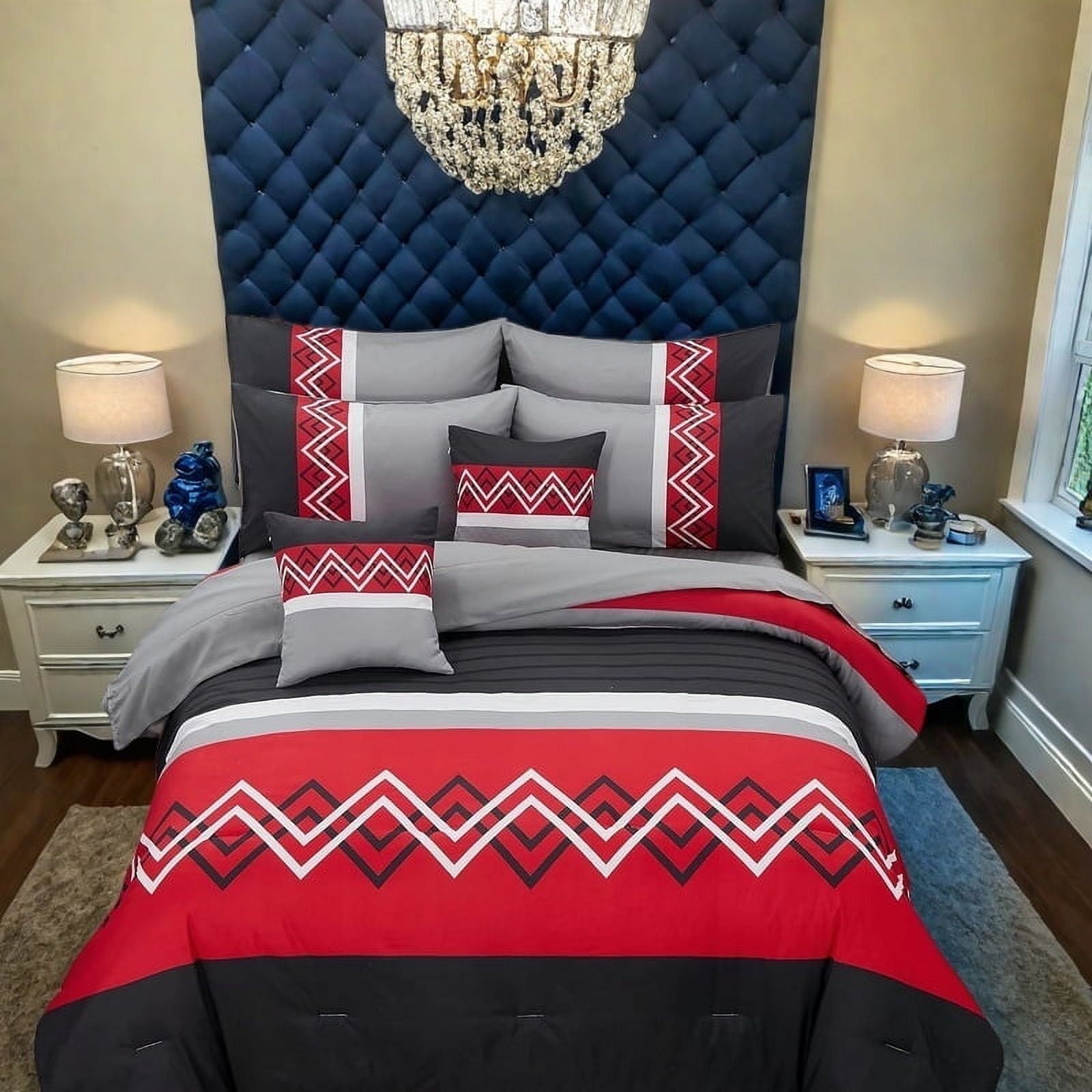 Davulos King Size Comforter Set,6 Pieces Geometric Pattern Red King Bed ...
