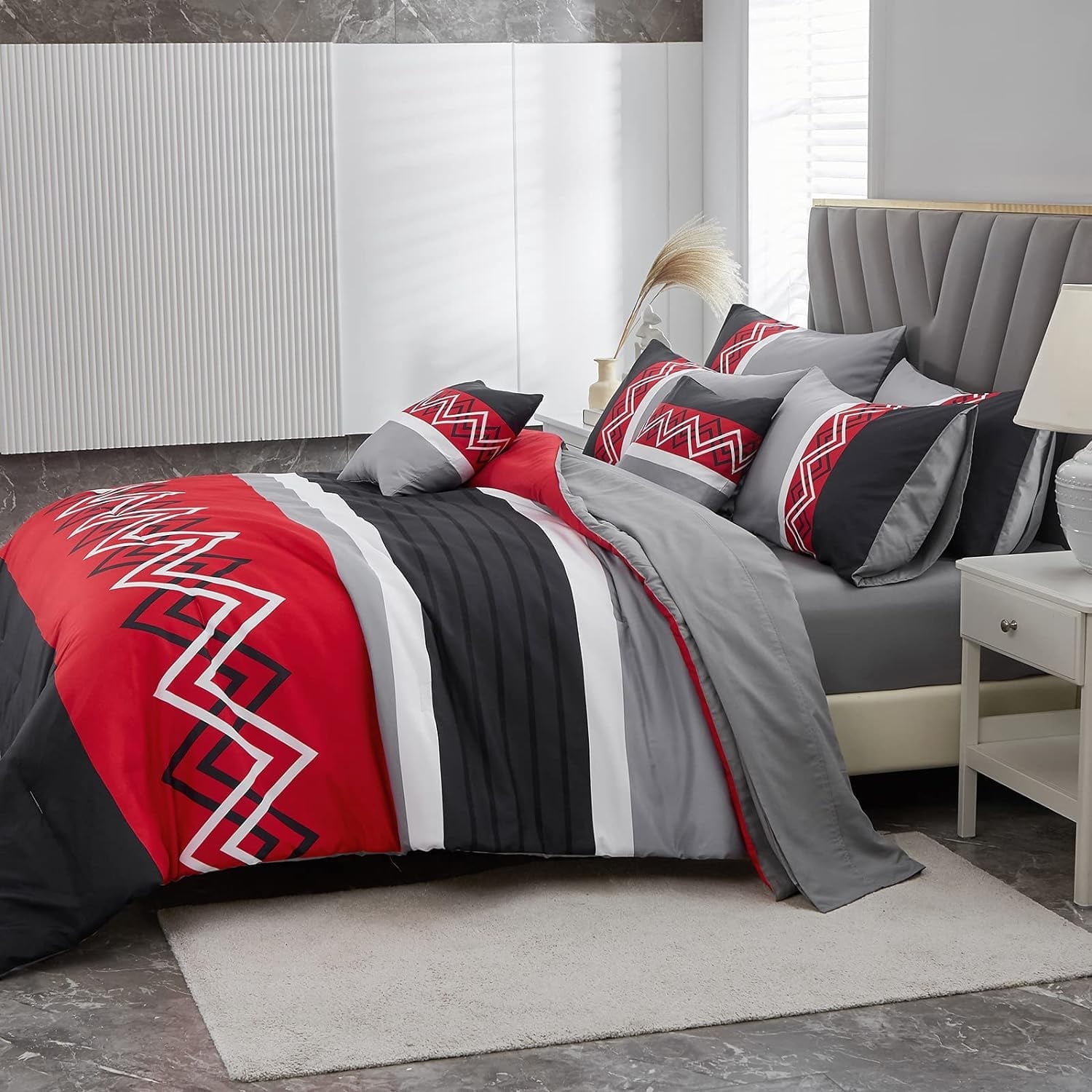 Davulos 6 Piece Geometric Pattern Red Comforter Set，Queen Bed in a Bag ...