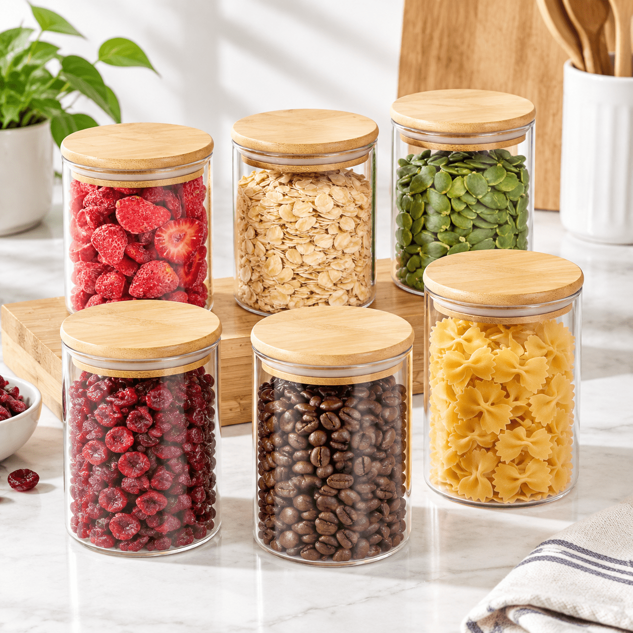 6 Piece Glass Food Storage Jar Set, 0.6 Qt x 2 / 1 Qt x 2 / 1.5 Qt x 2 ...