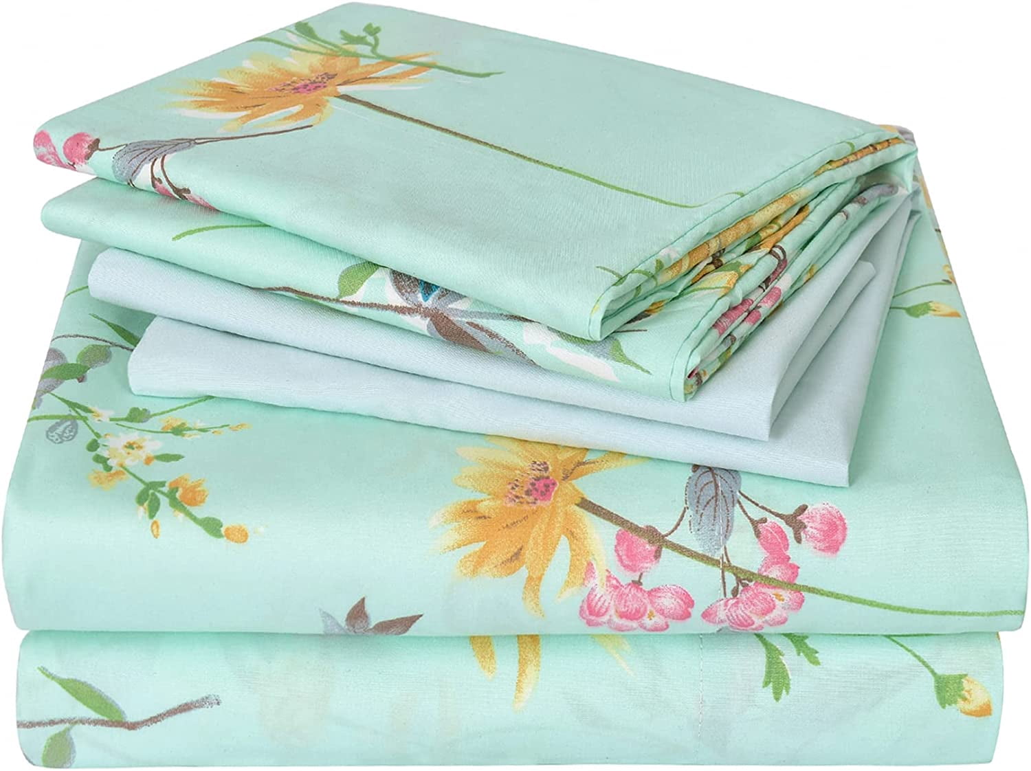 6 Piece Green Floral Sheet Set King Size, Soft Botanical Printed ...