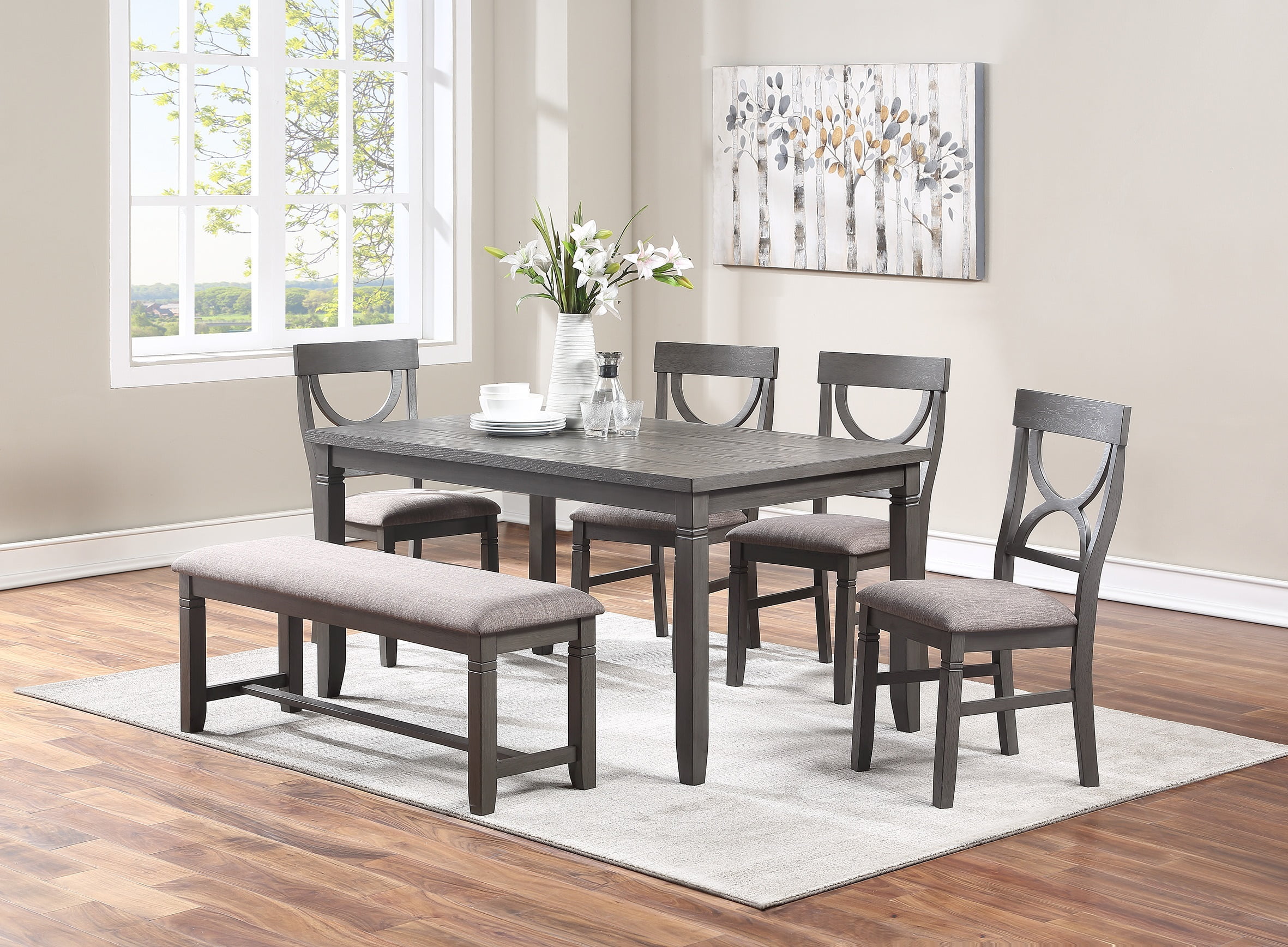 6-Piece Grey Dining Set with Rectangle Table, 4 Chairs & Bench - Modern ...