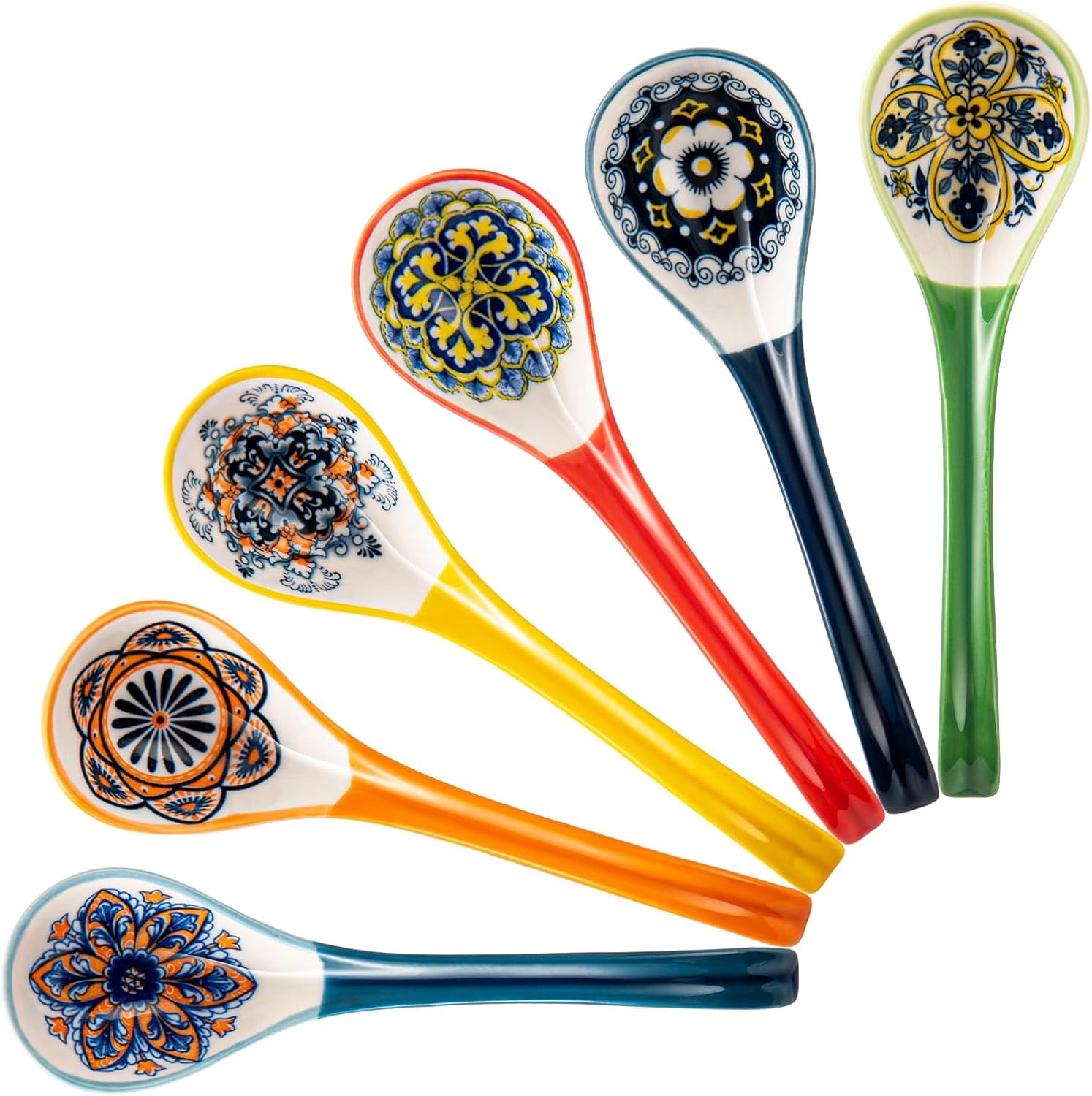 6-Piece Hand-Painted Bohemian Ceramic Soup Spoons, Colorful Floral ...