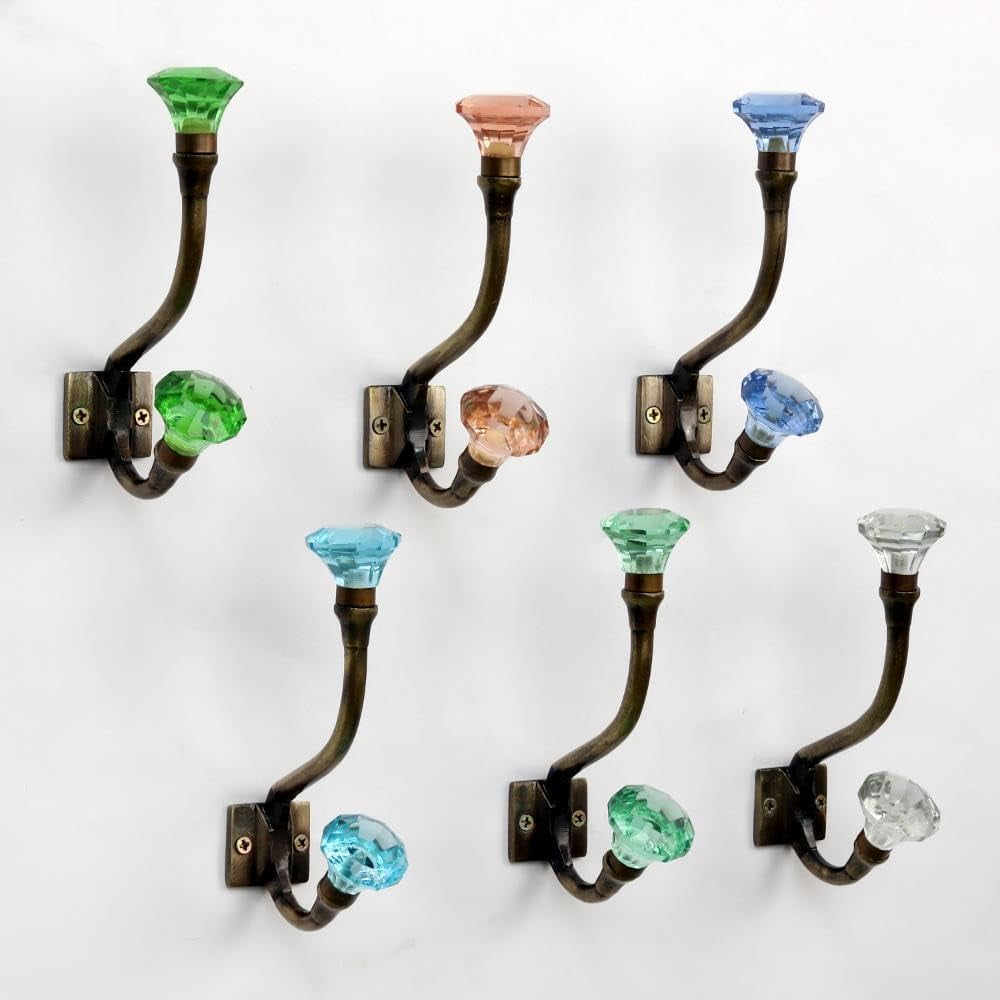 6 Piece Heavy Duty Crystal Decorative Colourful Coat Hooks Unique Glass ...