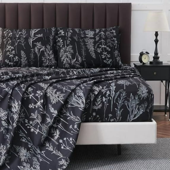6 Piece King Size Sheets Set, Floral Sheets Black Patterned Sheets Deep ...