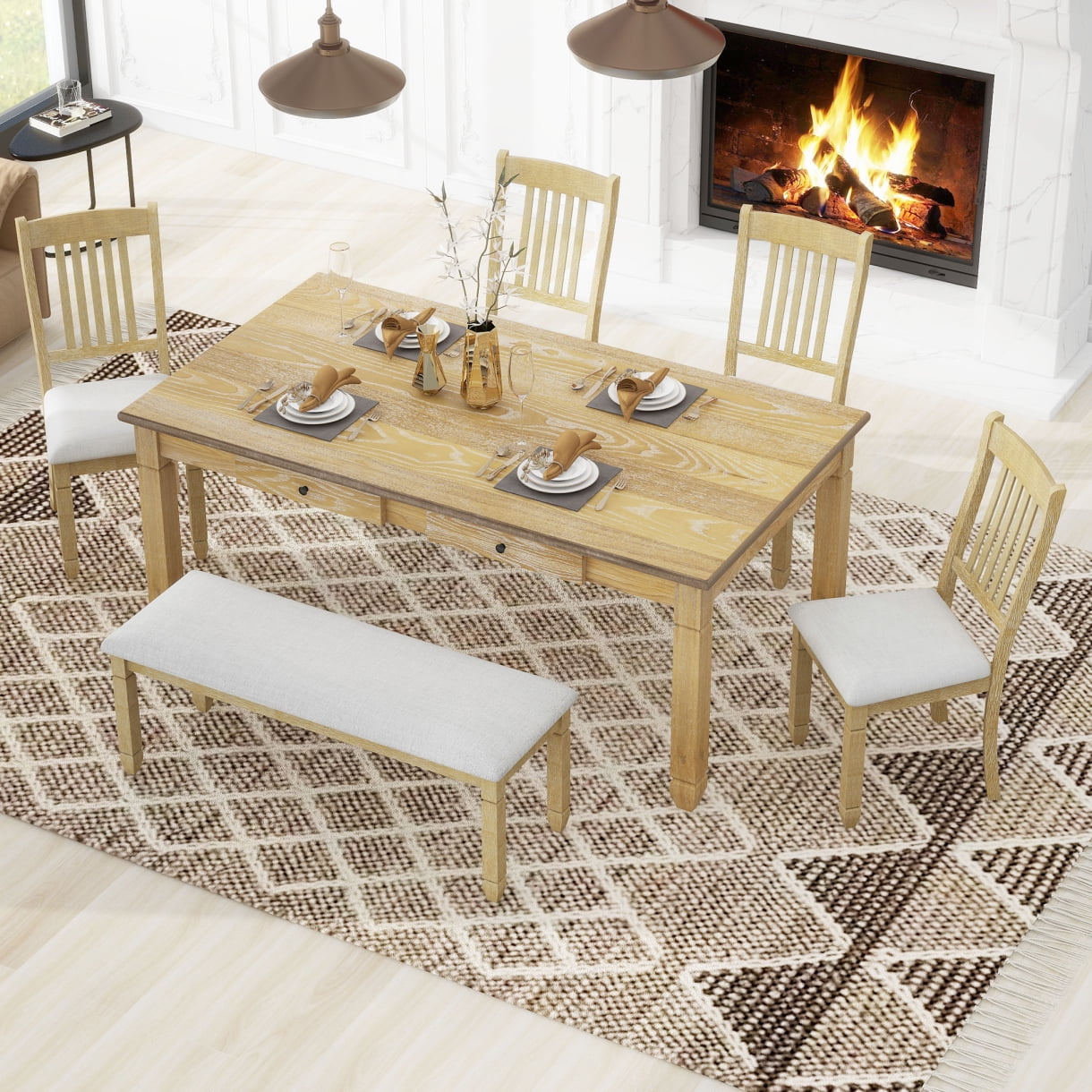 6-Piece Kitchen Dining Table Set, 72" L Rectangular Table with 4 Upholstered Chairs and 1 Bench ...