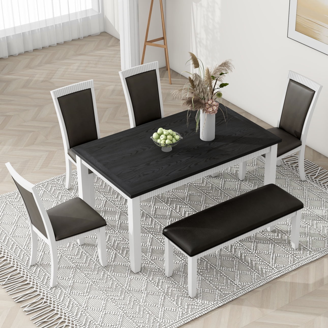 6 Piece Kitchen Dining Table Set, Wooden Rectangular Dining Table with ...
