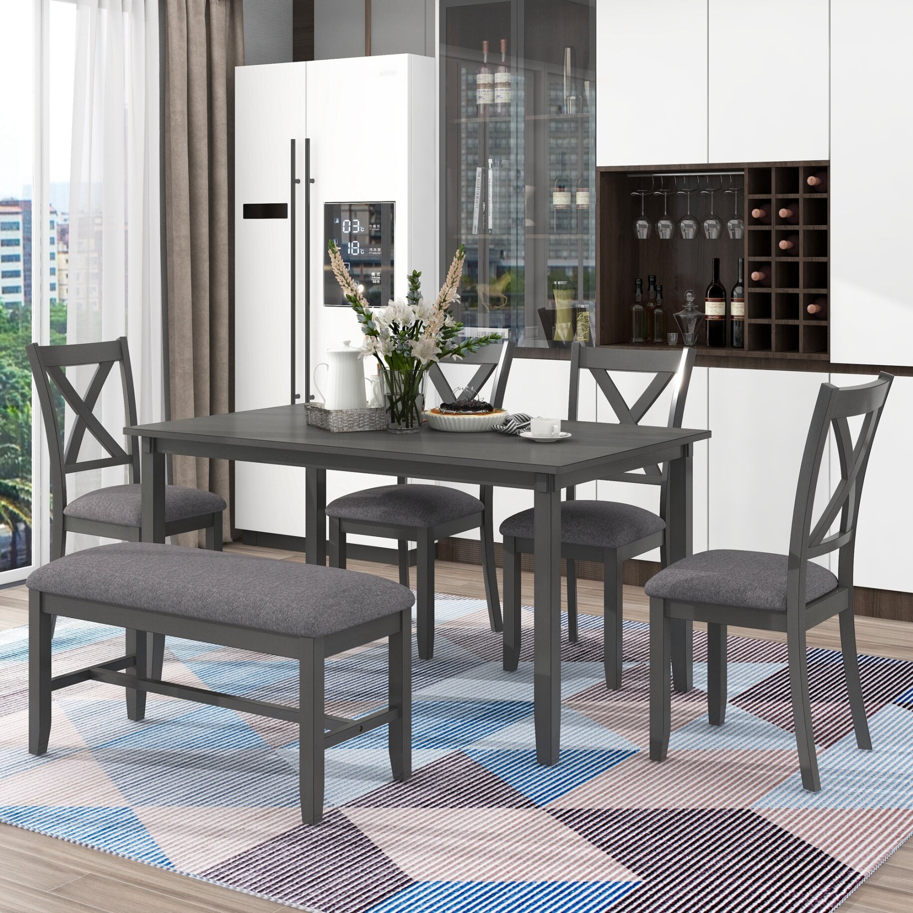 6 Piece Kitchen Dining Table Set, Wooden Rectangular Dining Table with ...
