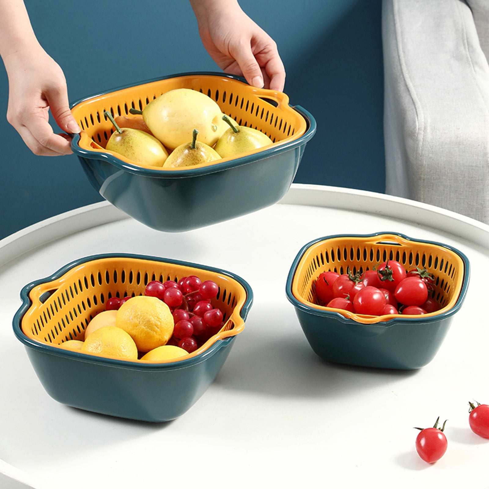 6-Piece Kitchen Wash Basin Set with Double-Layer Basket, Plastic ...