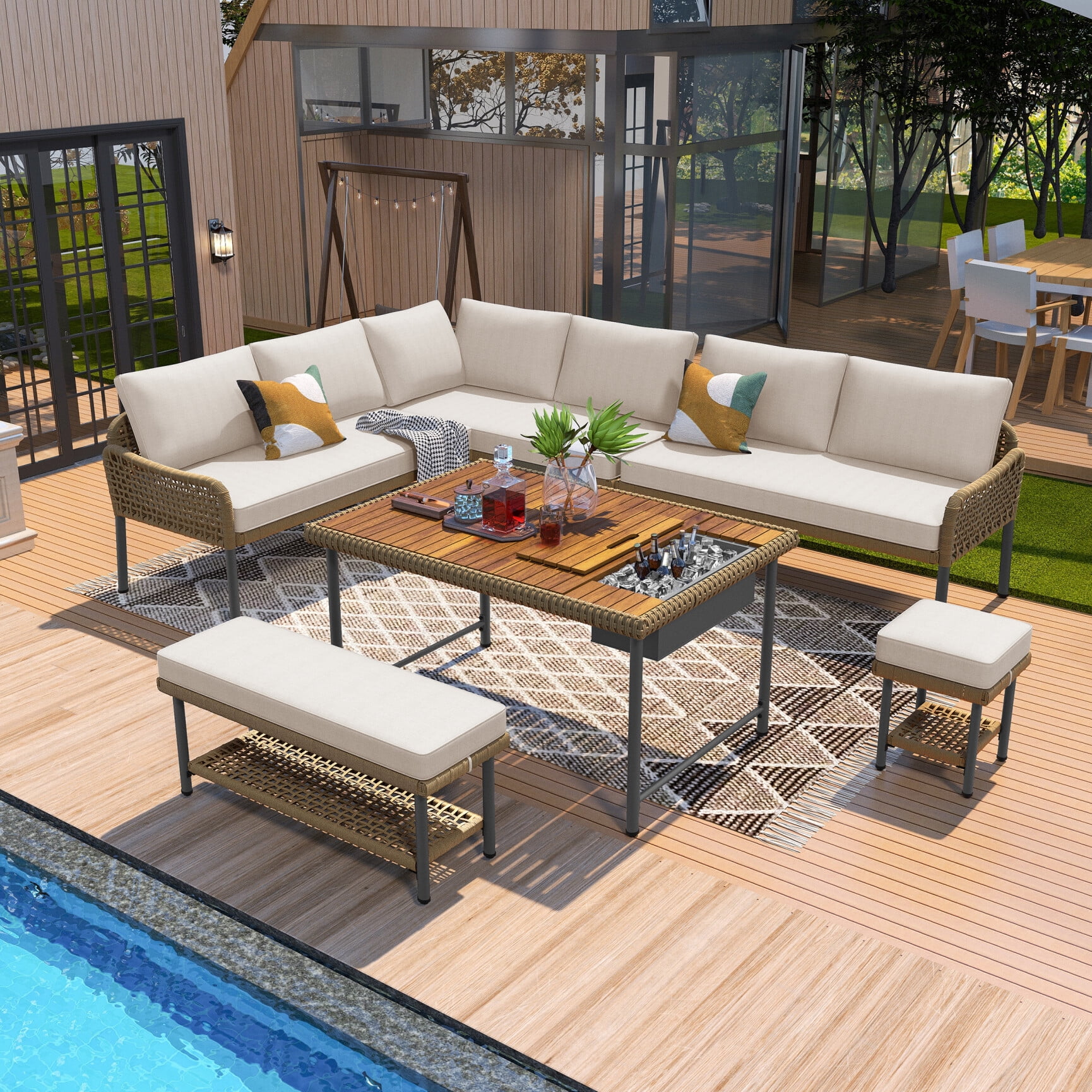 6-Piece L-Shaped Rope Outdoor Sectional Sofa Set with Ice Box Table ...