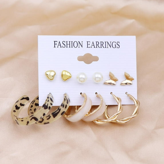6 Piece Leopard Print White Shell Twisted Gold Stud and Dangle Earring ...