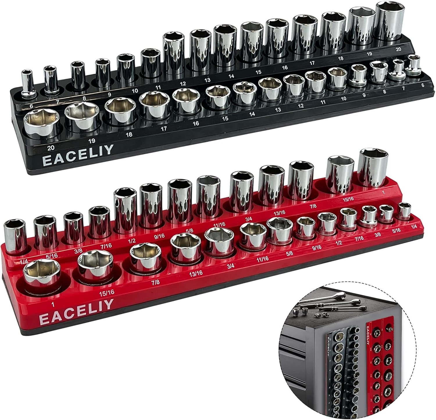 6-Piece Magnetic Socket Organizer Set, 1/2", 1/4" and 3/8" SAE & Metric ...