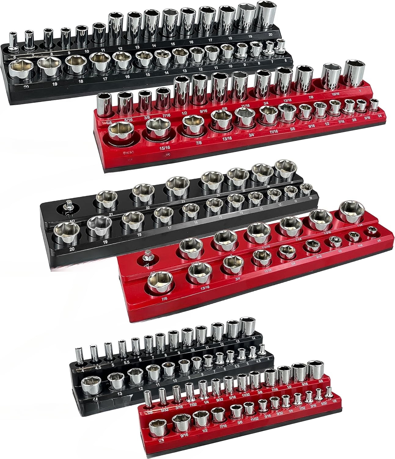 6-Piece Magnetic Socket Organizer Set, 1/2", 1/4" and 3/8" SAE & Metric ...