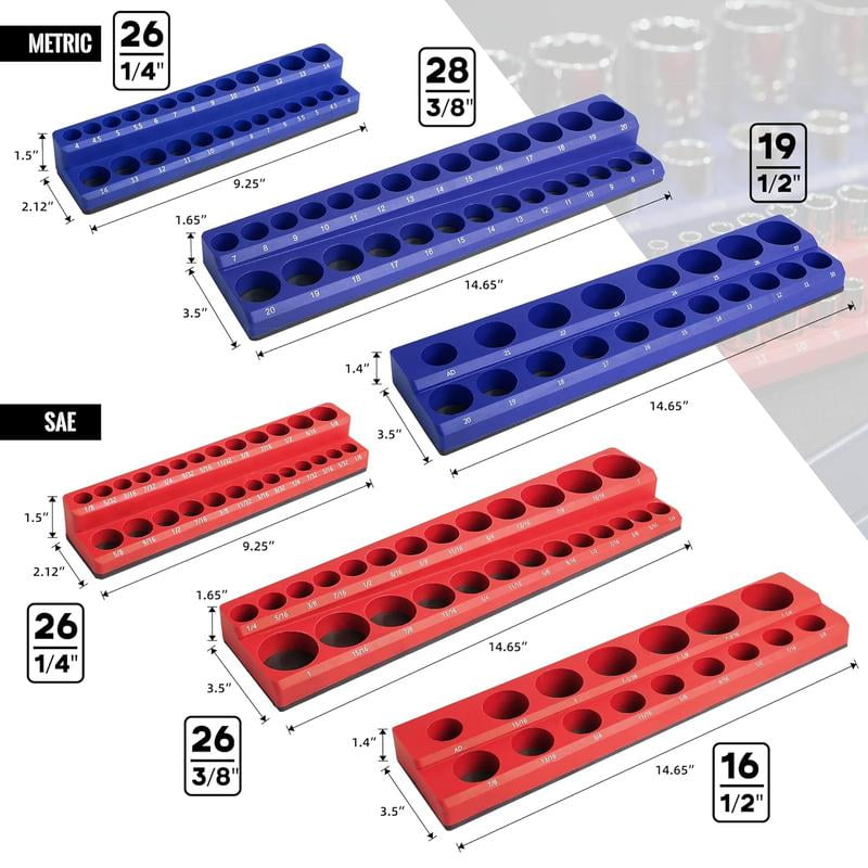 6-Piece Magnetic Socket Tray Set – Holds 143 Sockets (1/2", 3/8", 1/4 ...