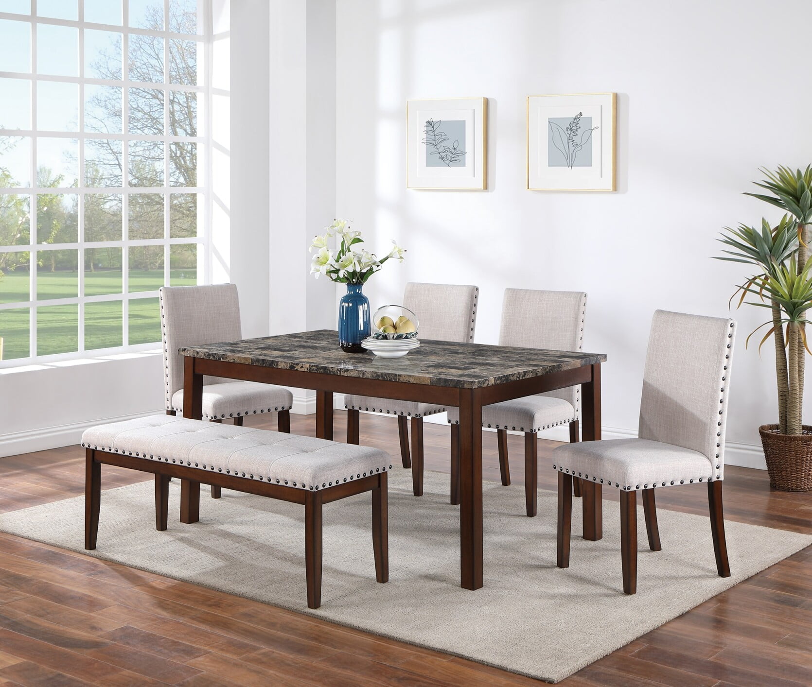 6-Piece Modern Dining Table Set, Square Faux Marble Top Table with ...