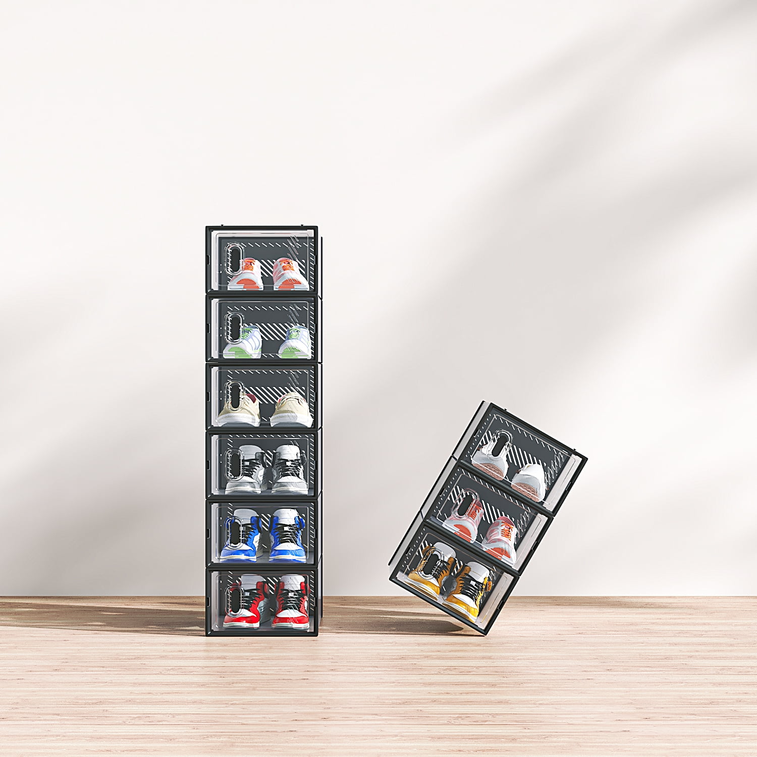 6-Piece Modular Black Plastic Mesh Shoe Box Set - Stackable, Breathable ...