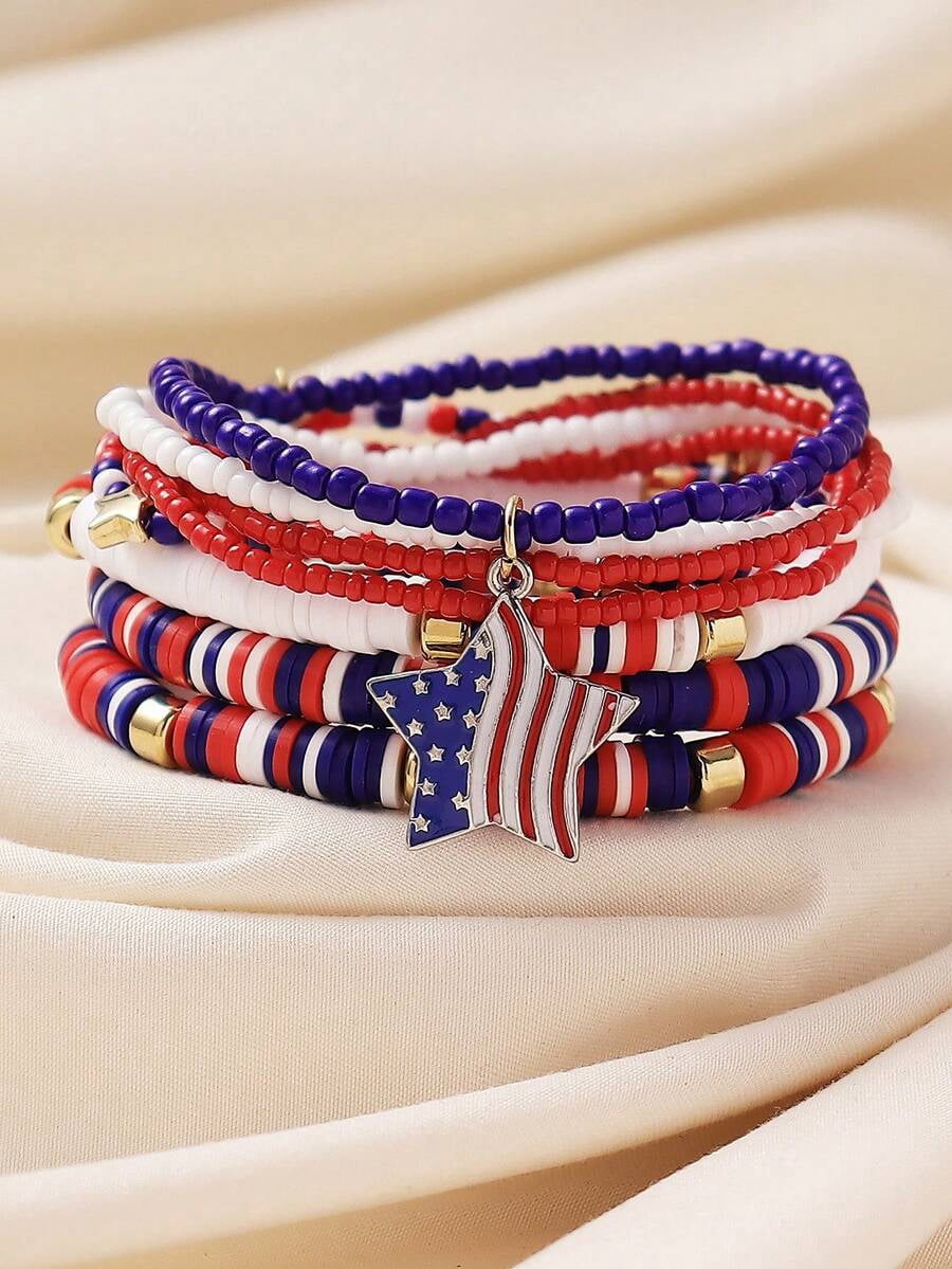 6-Piece Multicolor American Flag Star Pendant Beaded Wrap Bracelet Set ...