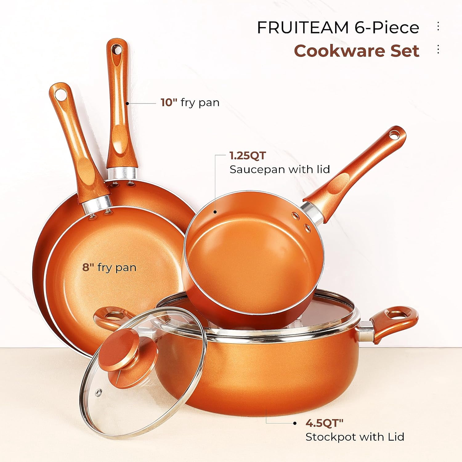 6-Piece Nonstick Cookware Set with Ceramic Coating, Copper Aluminum ...