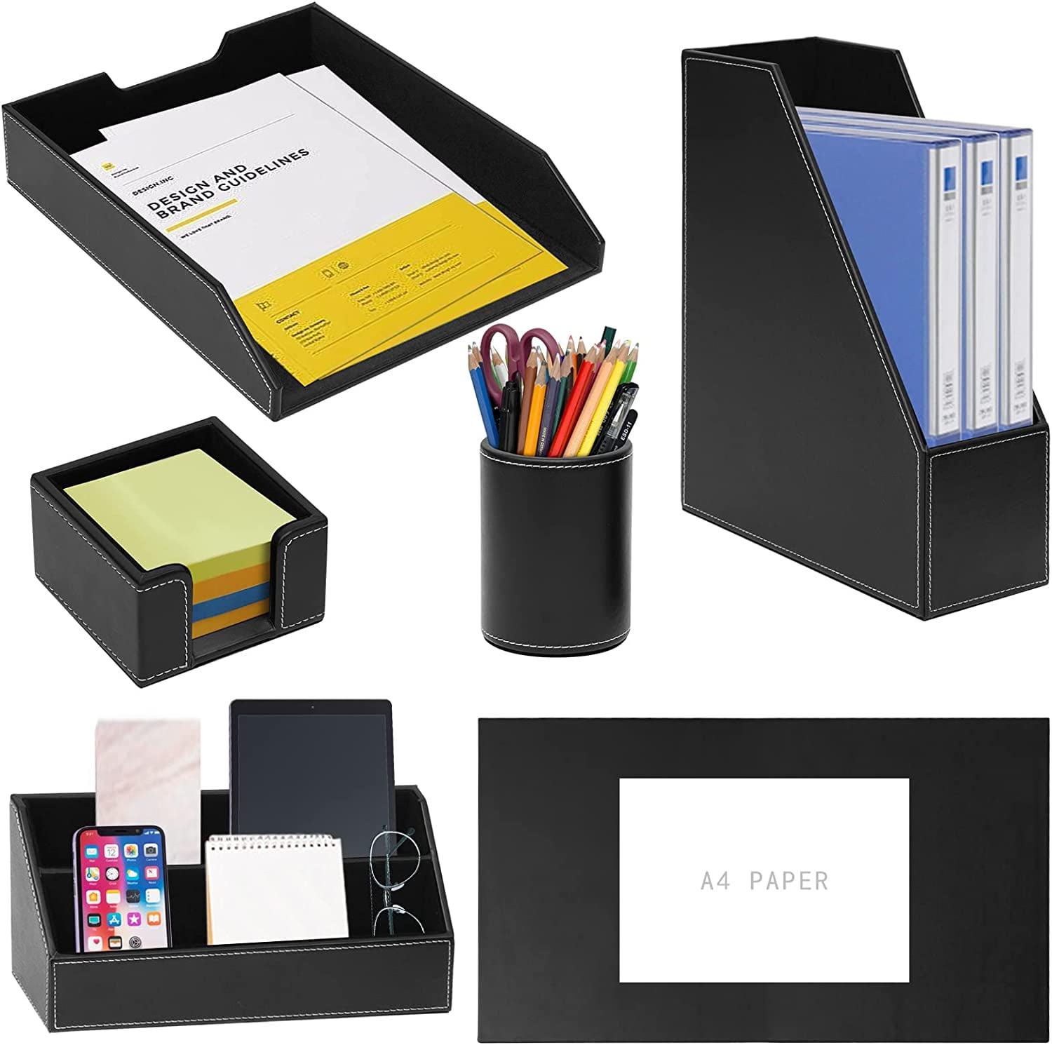 6 Piece Office Supplies/Desk Organizer Set with Desktop Leather Writing ...