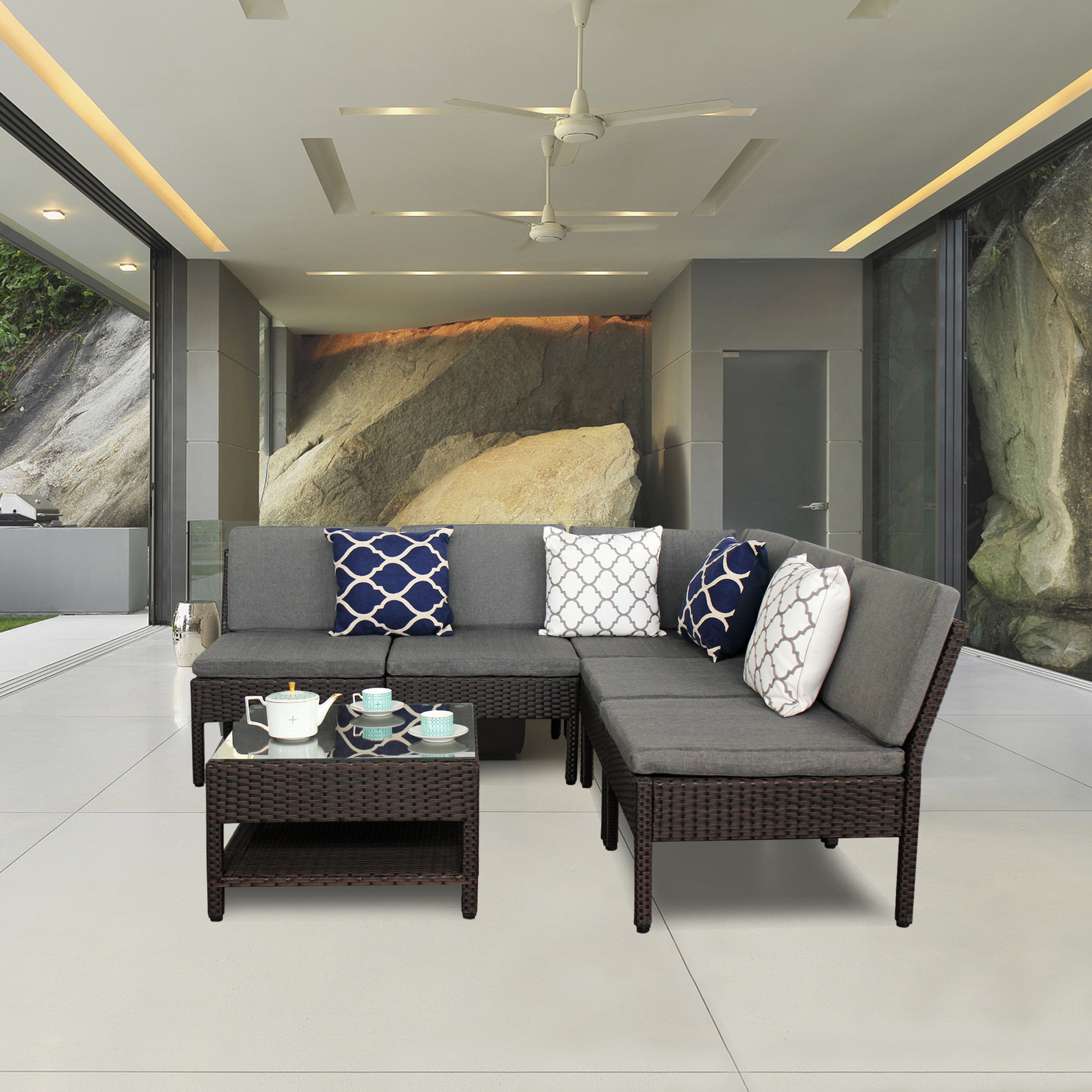 6 Piece Outdoor Furniture Complete Patio Backyard Pool Wicker Rattan ...