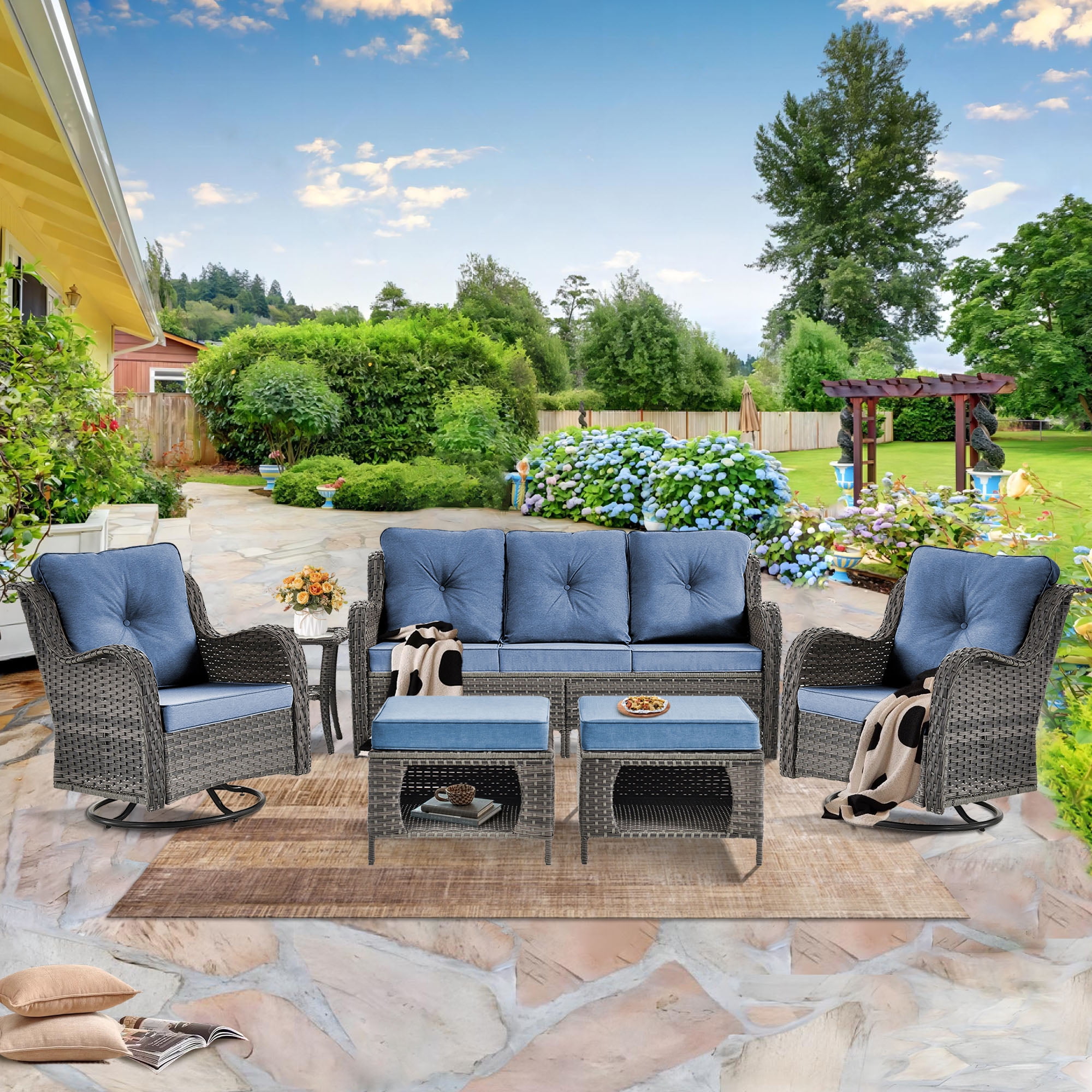 6 Piece Outdoor Patio Furniture Set Grey Wicker Patio Furniture-Wicker ...