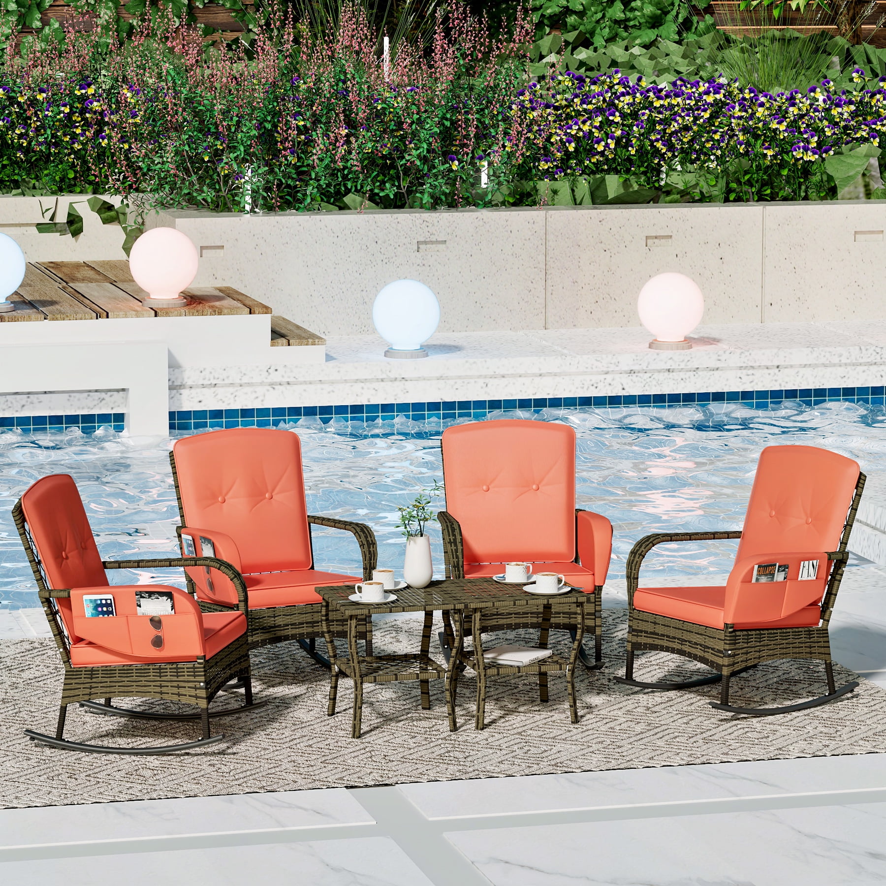 6 Piece Outdoor Rocking Chair,Rattan Patio Conversation Chair, Wicker ...