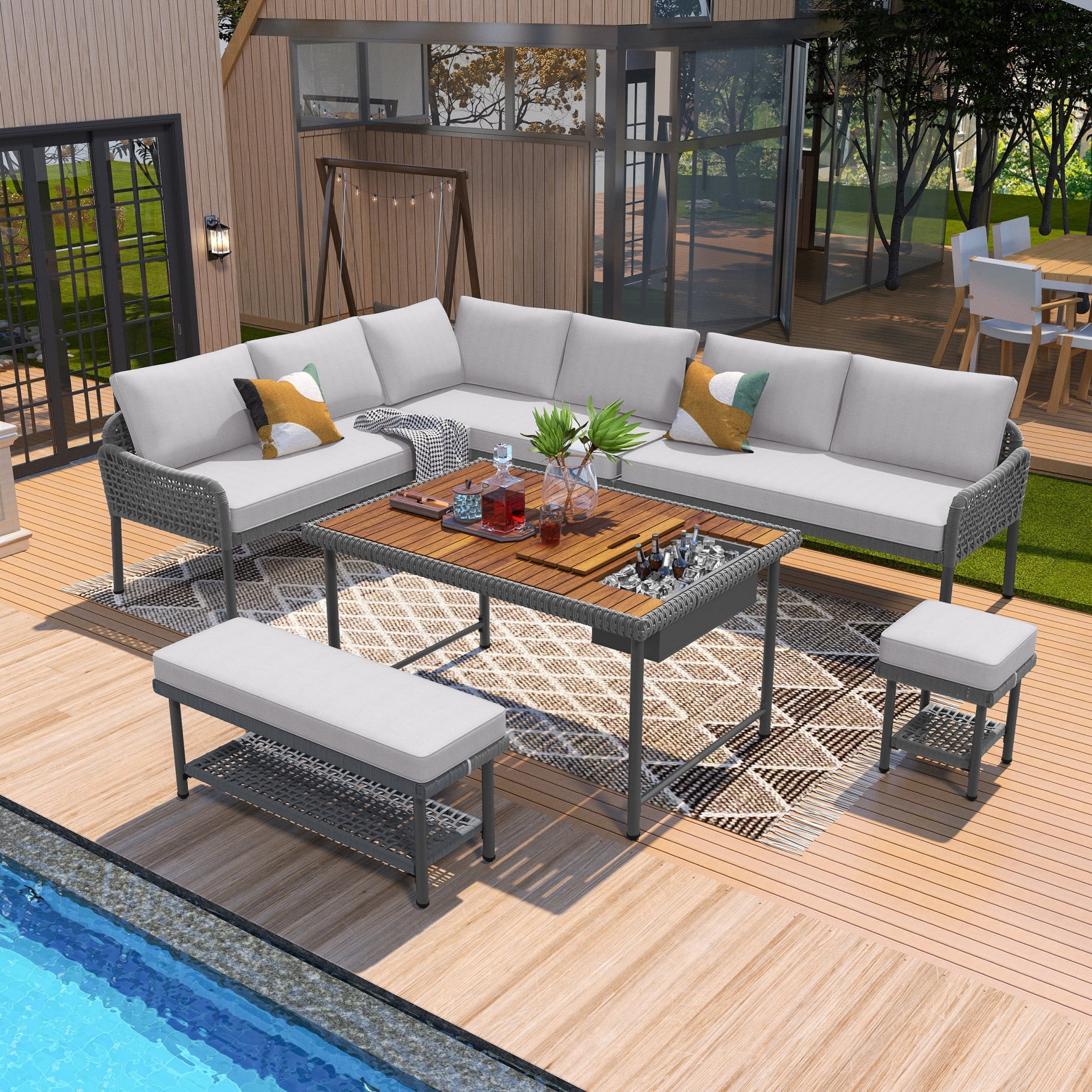 6-Piece Outdoor Sectional Sofa Set with L-Shaped Rope Design ...