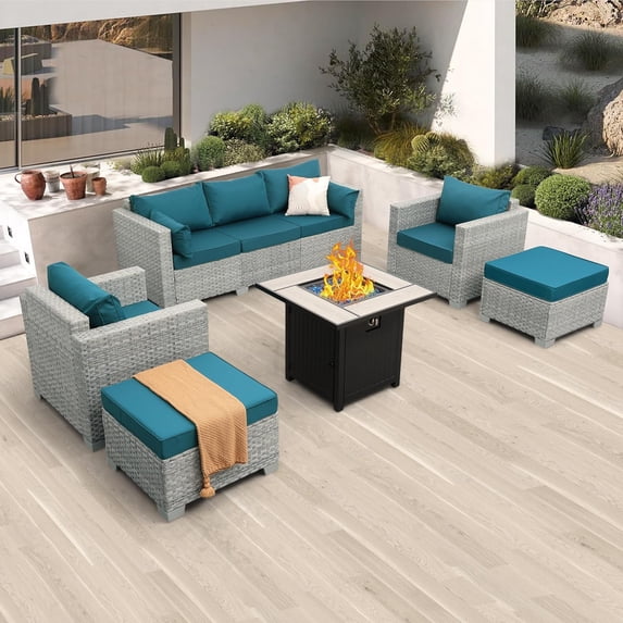 6 Piece Outdoor Set Wicker Balcony Furniture with Fire Pit Table and ...