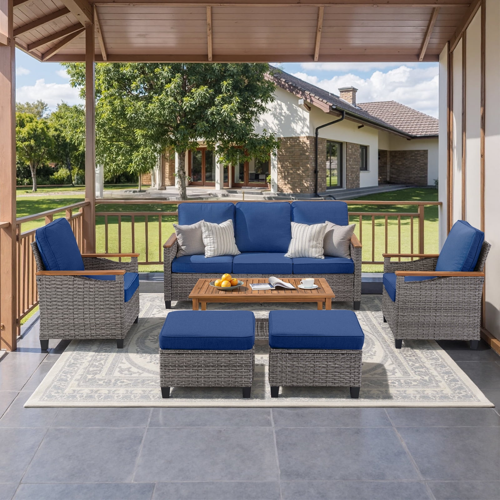 6-Piece Outdoor Wicker Patio Set with 7 Seats, Including Coffee Table ...