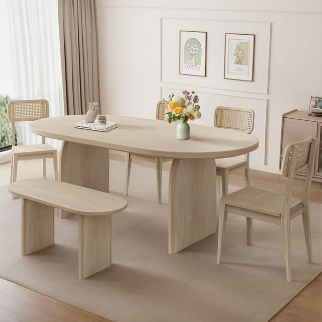 6-Piece Oval Dining Table Set with a Bench and 4 Rattan-back Chairs ...